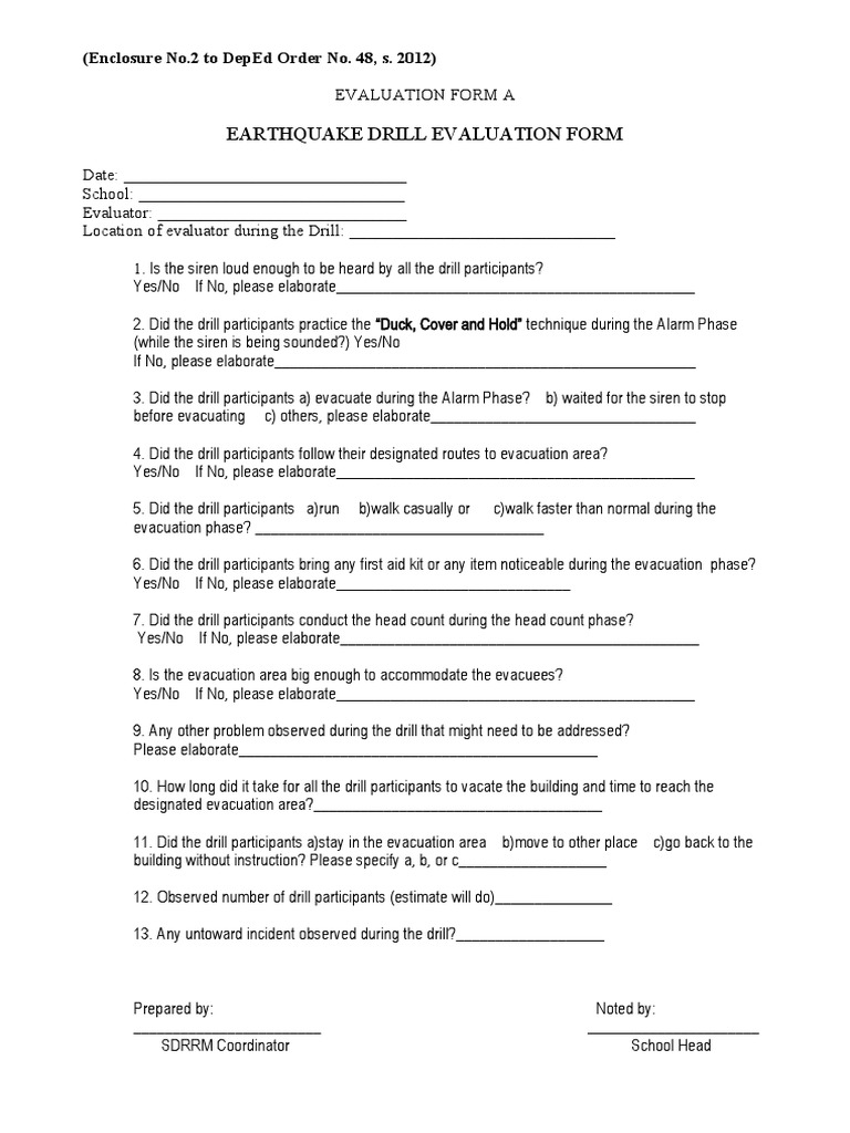 Earthquake Evaluation Form | PDF | Emergency Evacuation | Safety
