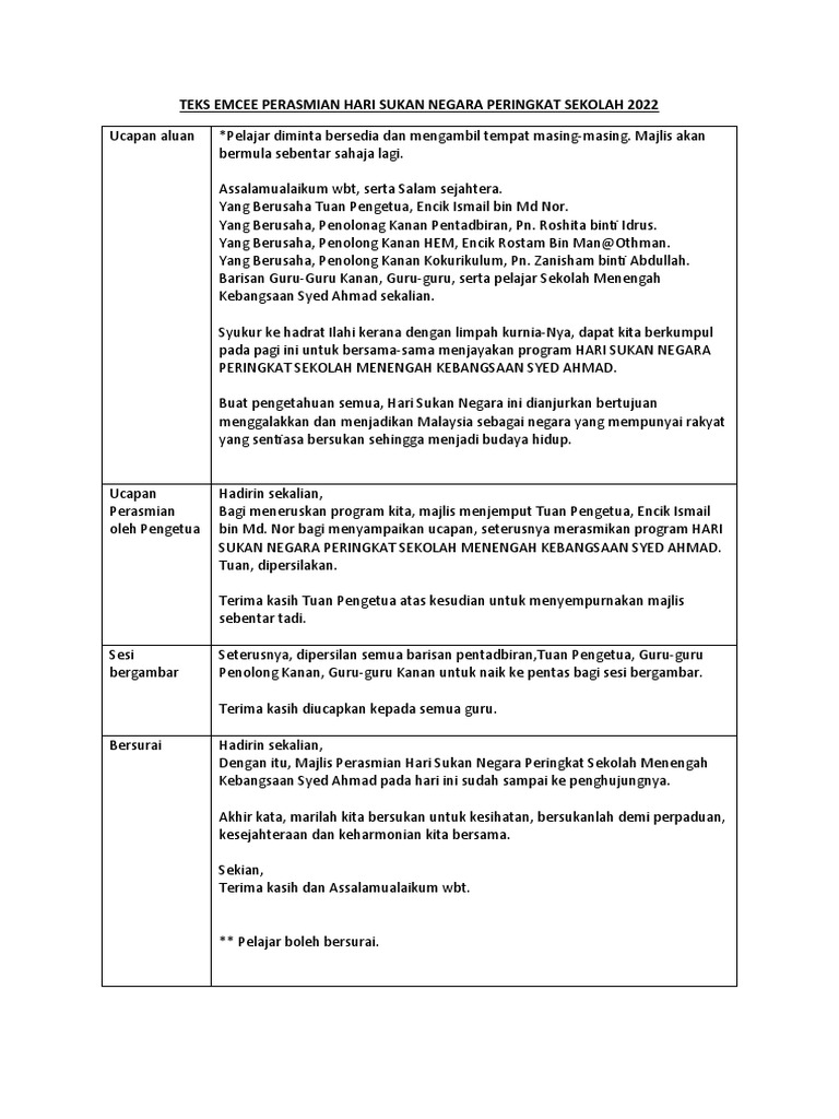 Teks Emcee Perasmian Hari Sukan Negara Peringkat Sekolah 2022 | PDF