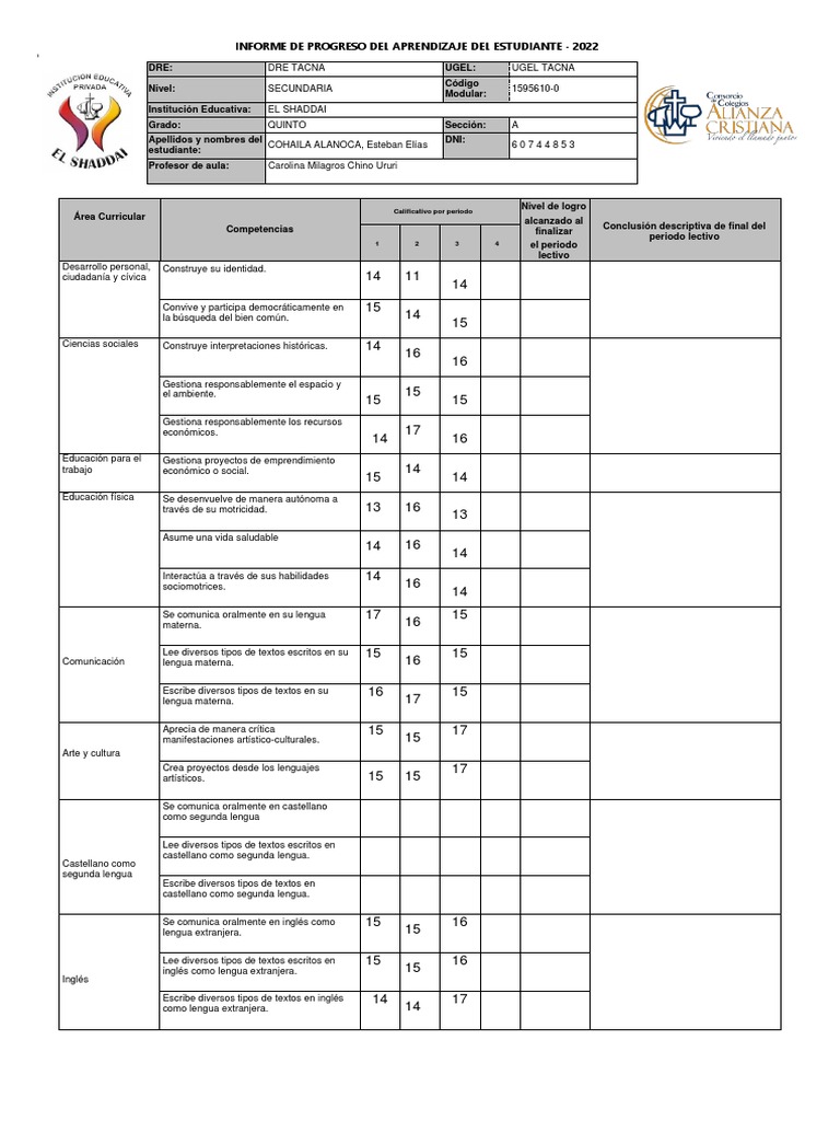 Informe de progreso académico y logro de competencias del estudiante ...