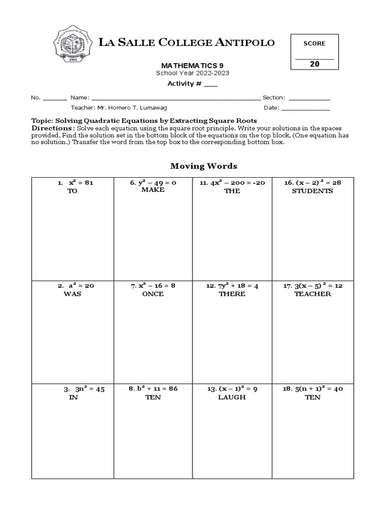 Activity 1 1 Solving Quadratic Equations By Extracting Square Roots Pdf