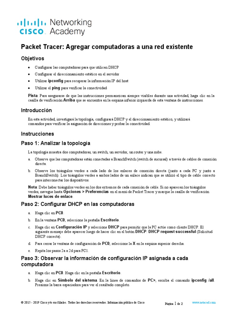 6.1.2.1 Packet Tracer - Add Computers To An Existing Network | Descargar gratis PDF | Dirección ...