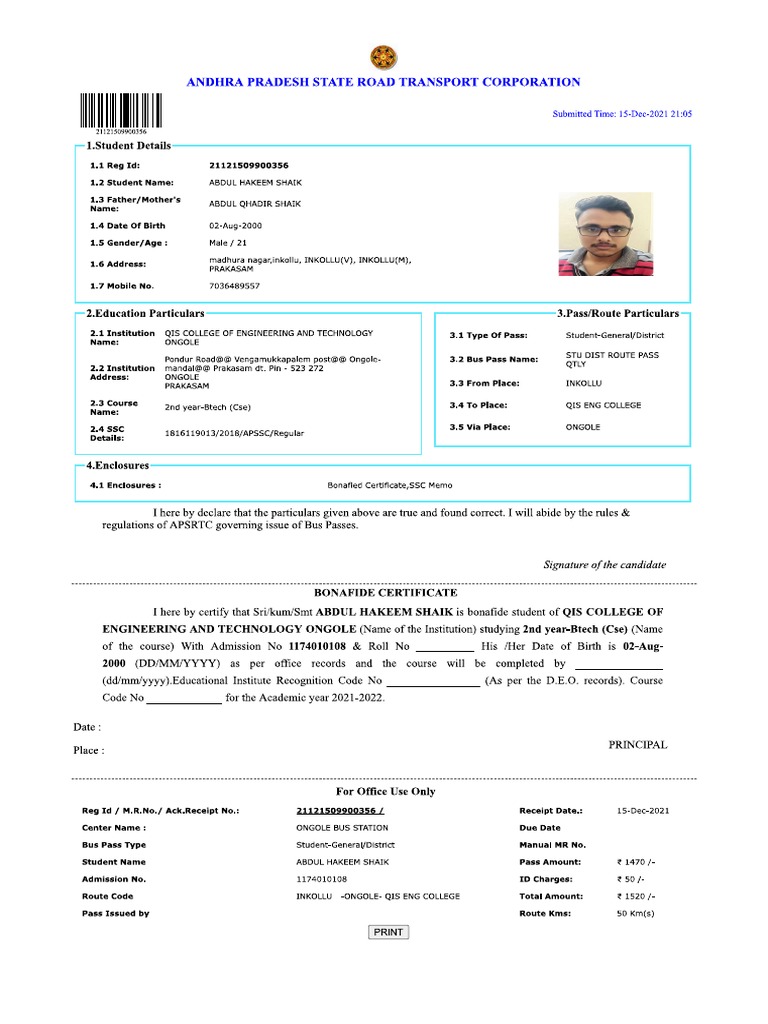 Apsrtc Bus Pass | PDF