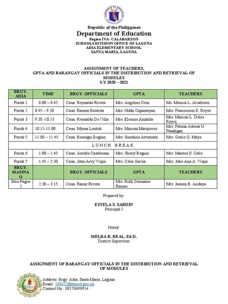 Distribution and Retrieval Assignment (PTA, LGU, Teacher) | PDF ...