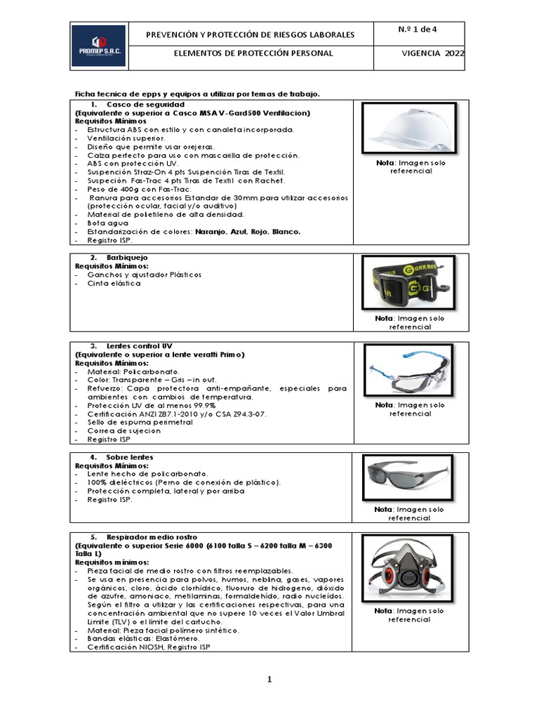 Ficha Tecnica de Epps A Utilizar | PDF | Guante | Casco