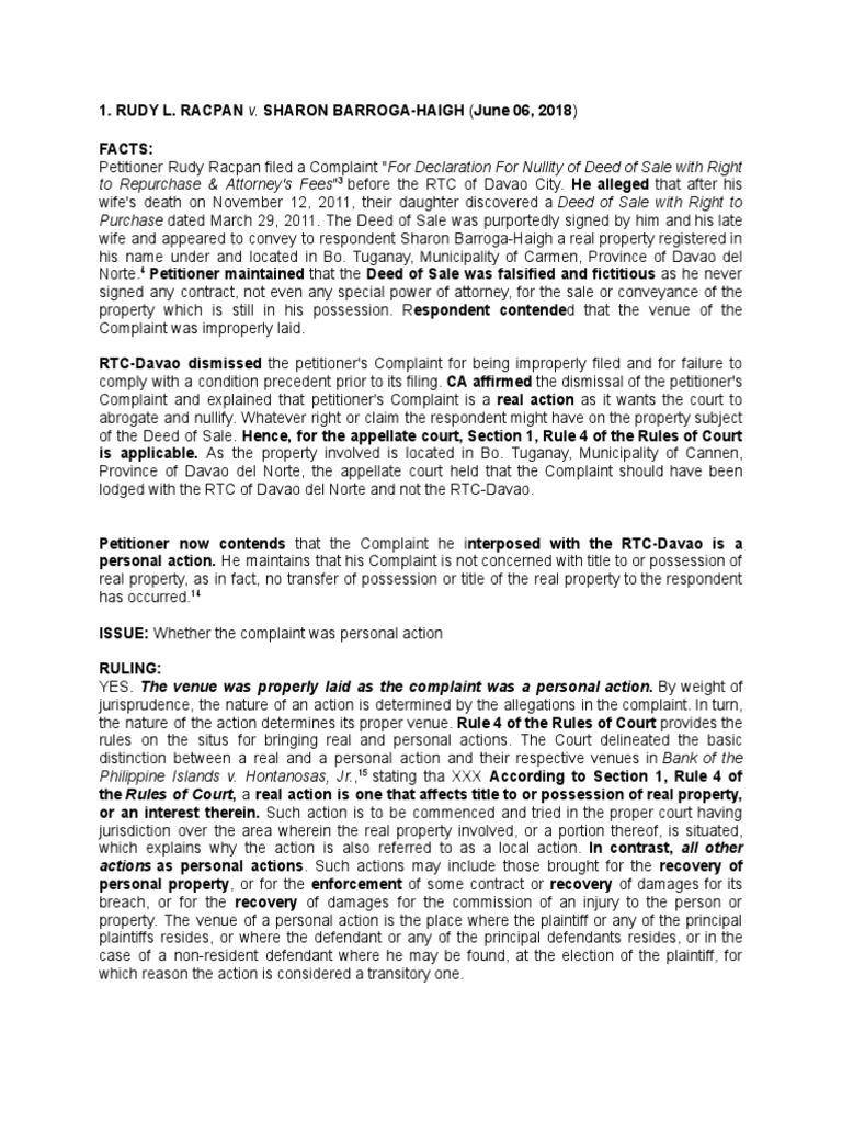 RUDY L. RACPAN v. BARROGA-HAIGH (Real Vs Personal Actions) | PDF | Complaint | Damages