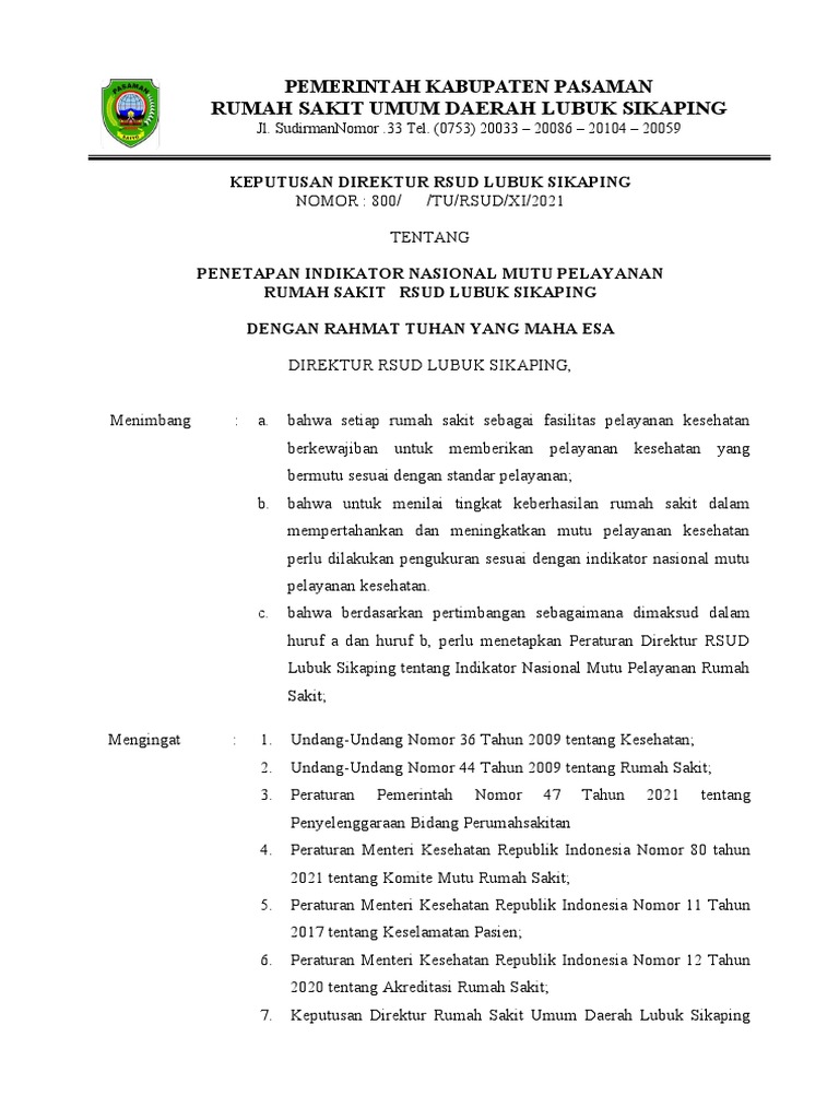 SK Penetapan Indikator Mutu Dan Keselamatan Pasien Ok 1 | PDF