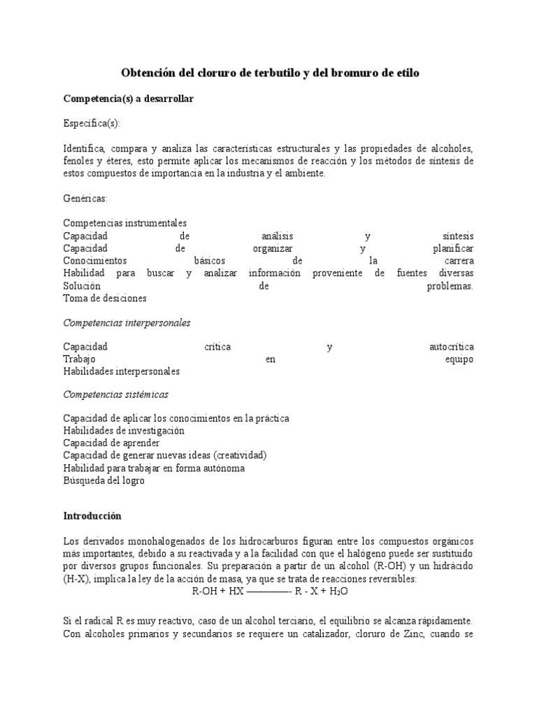 Obtencion Cloruro de Terbutilo (2022) | PDF | Destilación | Etanol