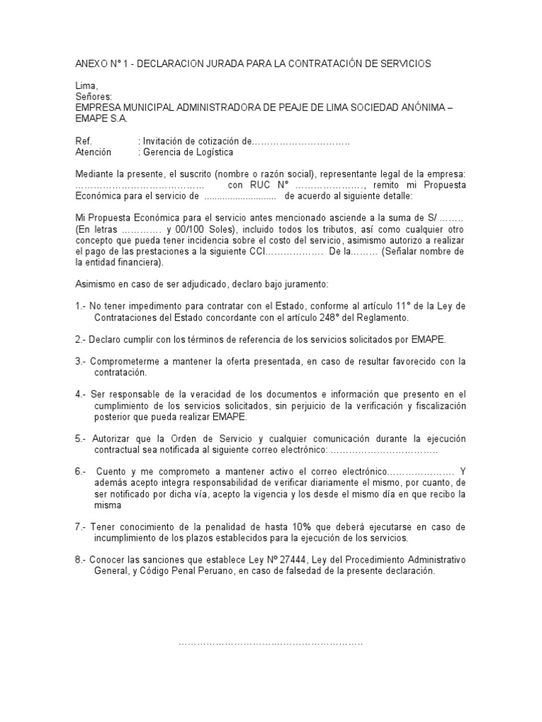 Anexo 01 - Formato de Declaracion Jurada Proveedores | PDF
