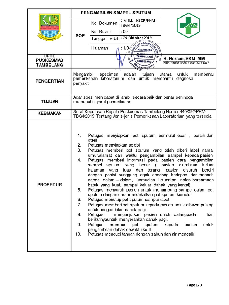 Sop Pengambilan Sampel Sputum | PDF