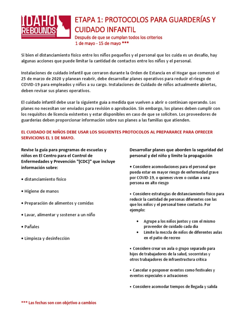 Stage1 Protocols Childcare Spanish | PDF | Cuidado de los niños ...