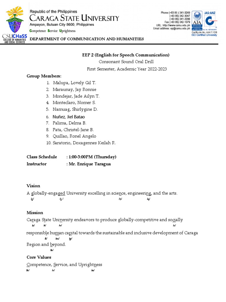 Consonant Sounds Oral Drills DE2 Group 4 - IPA Activity | PDF