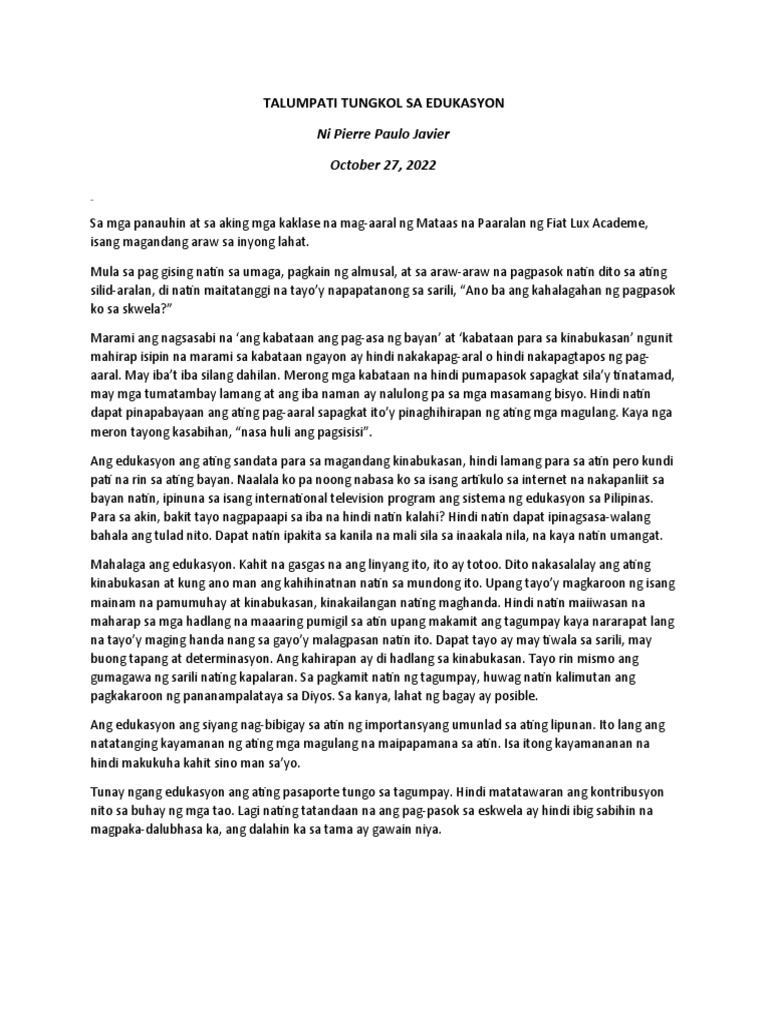 Talumpati Tungkol Sa Edukasyon | PDF
