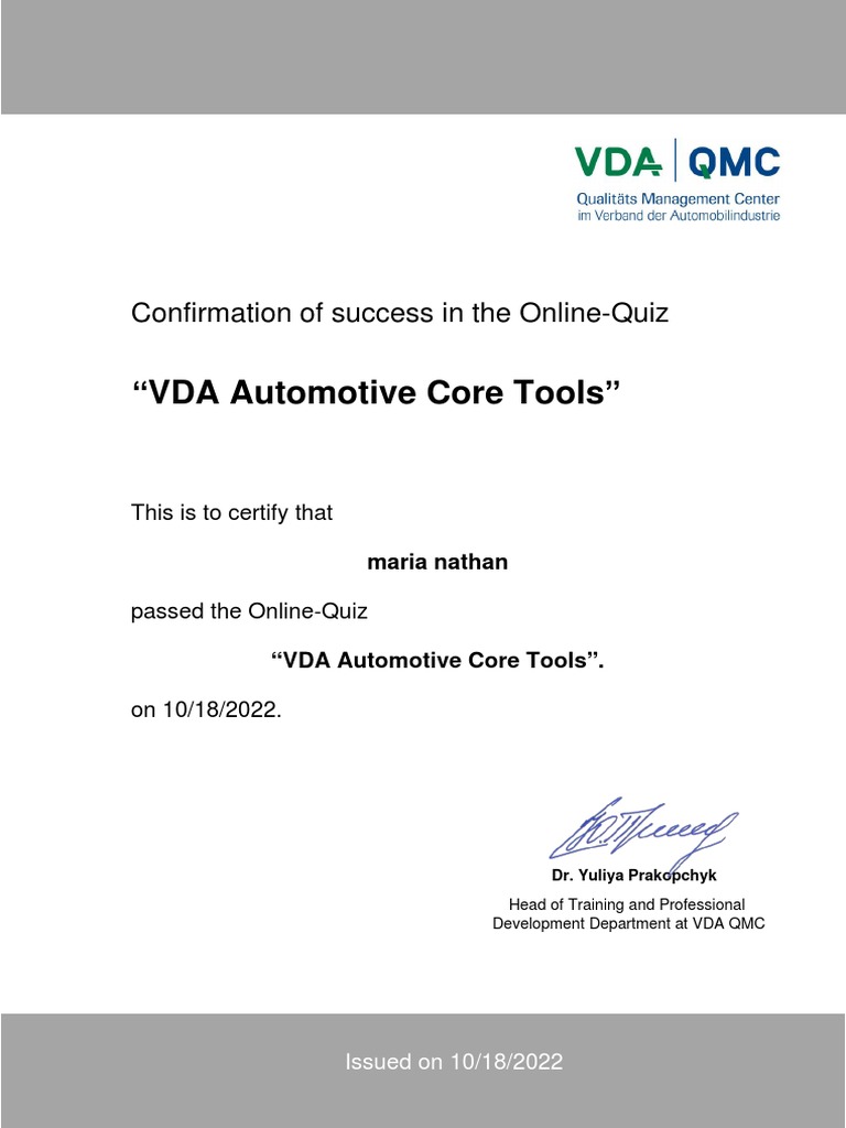 "VDA Automotive Core Tools": Confirmation of Success in The Online-Quiz ...