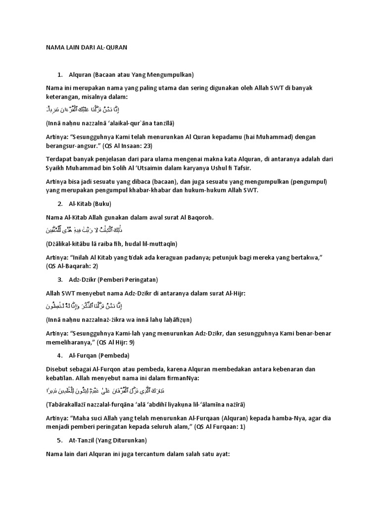 Nama-nama Al-Qur'an dan Artinya | PDF
