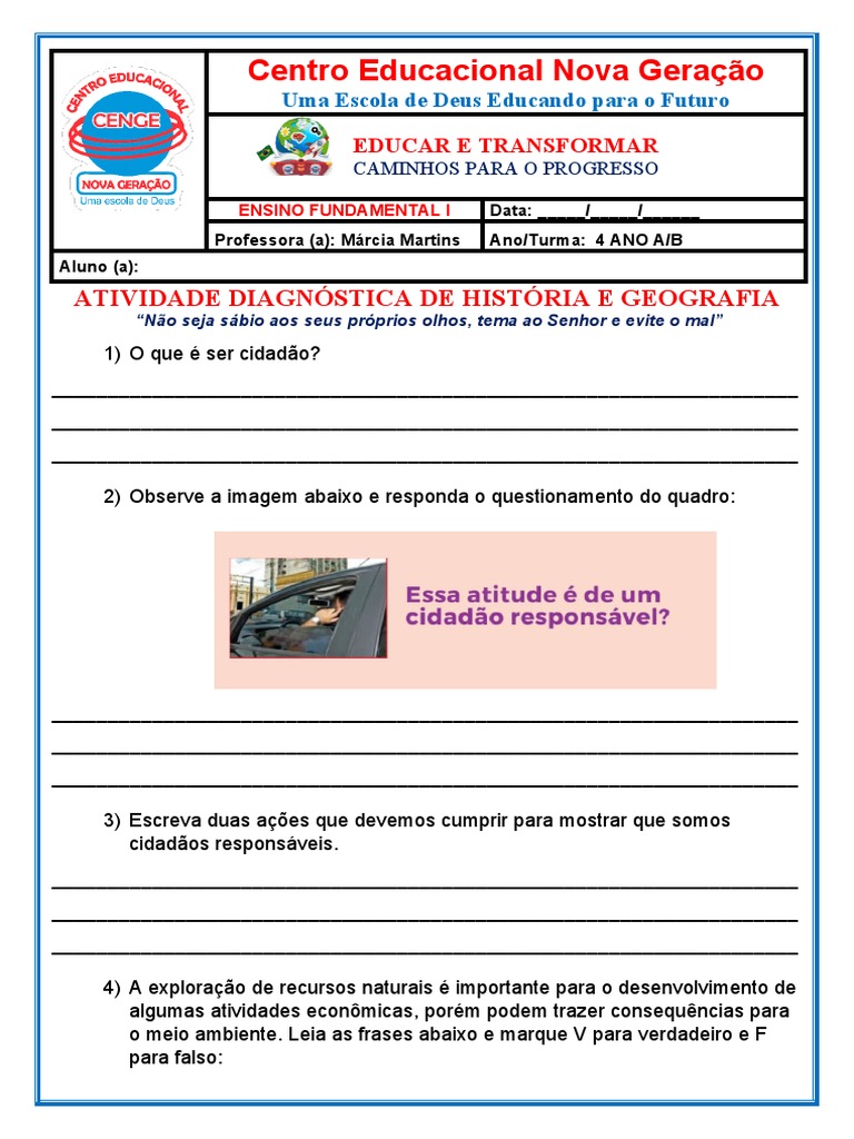 Atividade Diagnóstica de História e Geografia 4 Ano | PDF | Geografia