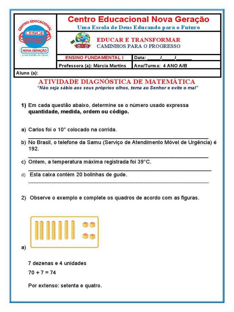 Atividade Diagnóstica de Matemática 4 Ano | PDF