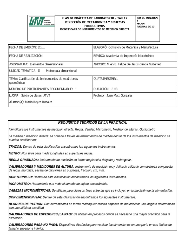 Práctica 1 Clasificación de Instrumentos de Medición Directa e ...