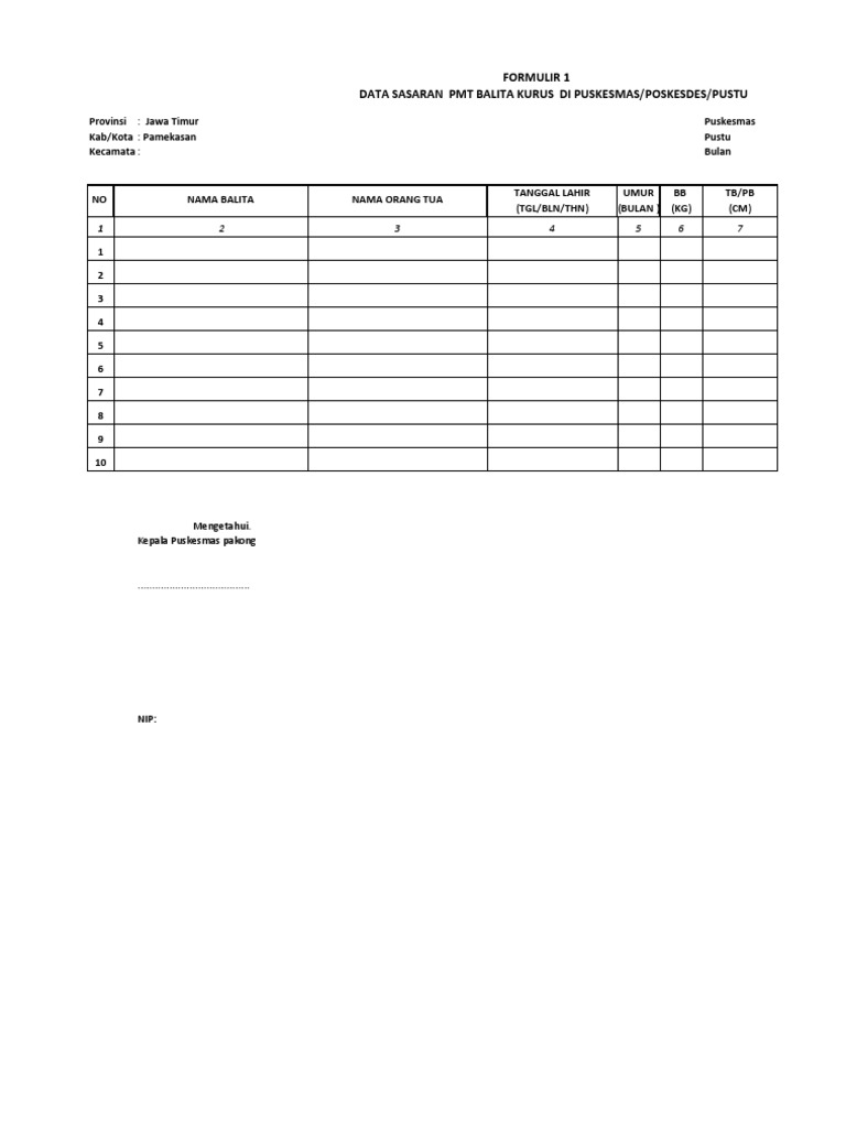 Formulir PMT Balita Kurus | PDF