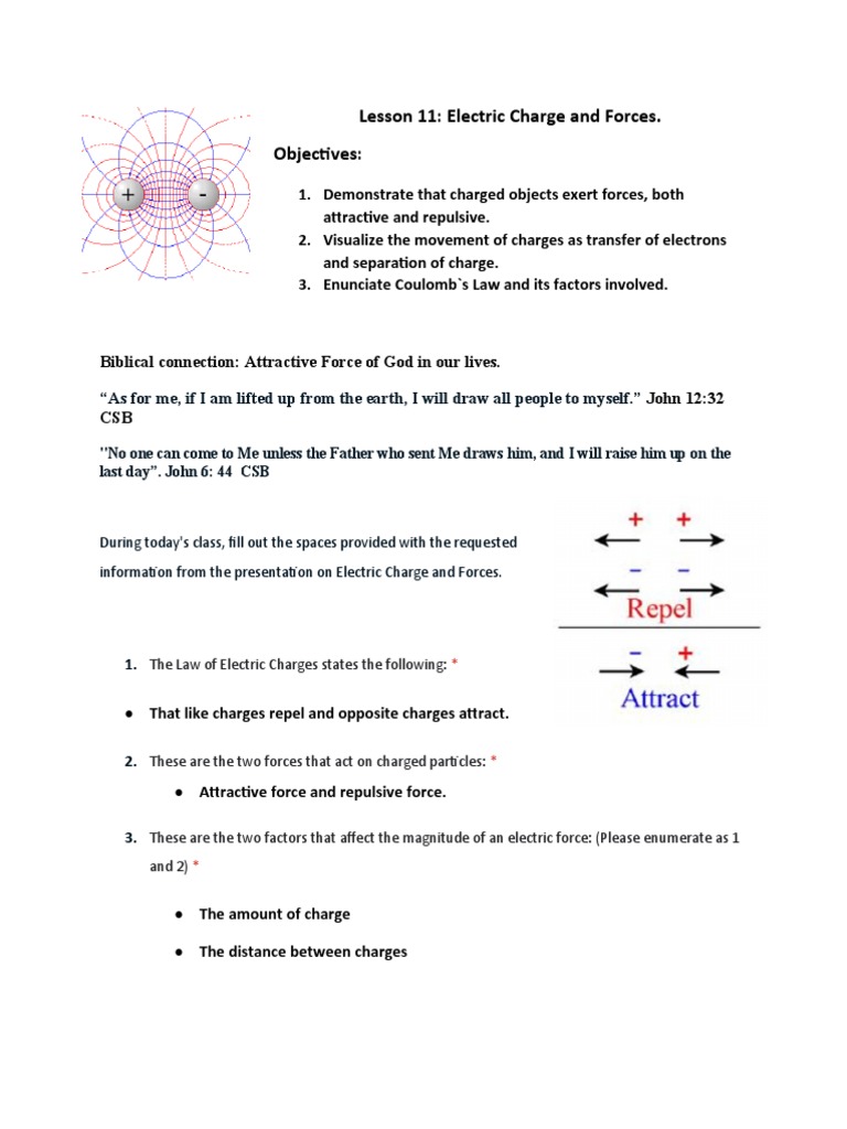 Lesson 11: Electric Charge and Forces. Objectives | PDF