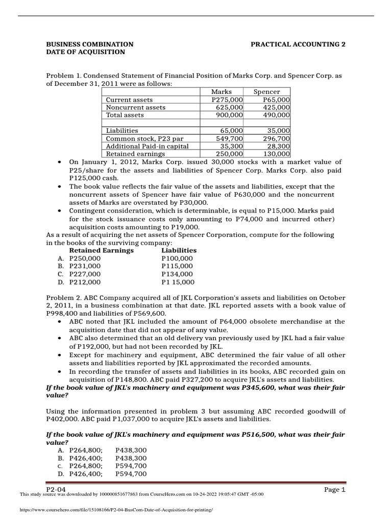 Business Combination Practical Accounting 2 Date of Acquisition | PDF ...