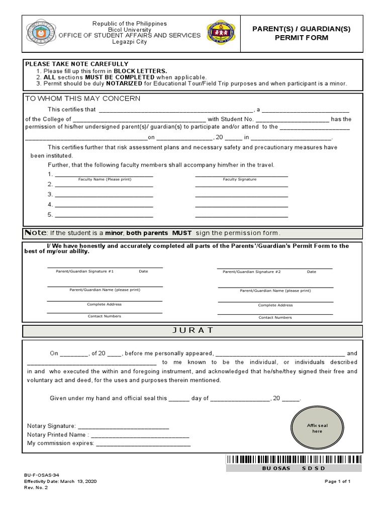 Form Parents Permit Rev. 2020 | PDF | Notary Public | Common Law