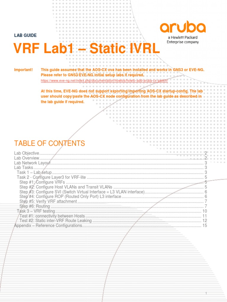 AOS-CX Simulator - VRF Part 1 Lab Guide | PDF | Ip Address | Internet Protocols