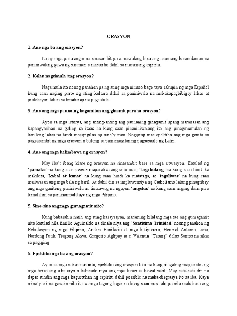 Filipino Orasyon Lesson | PDF