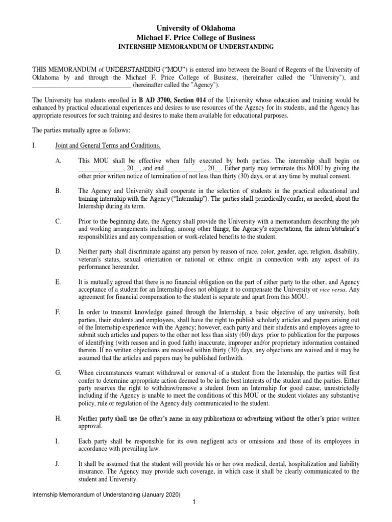 Internship MOU - University of Oklahoma | PDF | Internship | Job Hunting