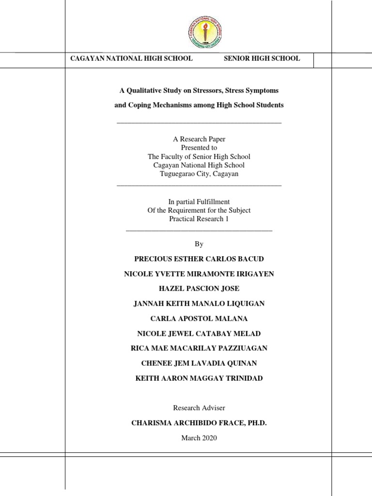 A Qualitative Study On Stressors Stress Symptoms and Coping Mechanisms Among High School ...