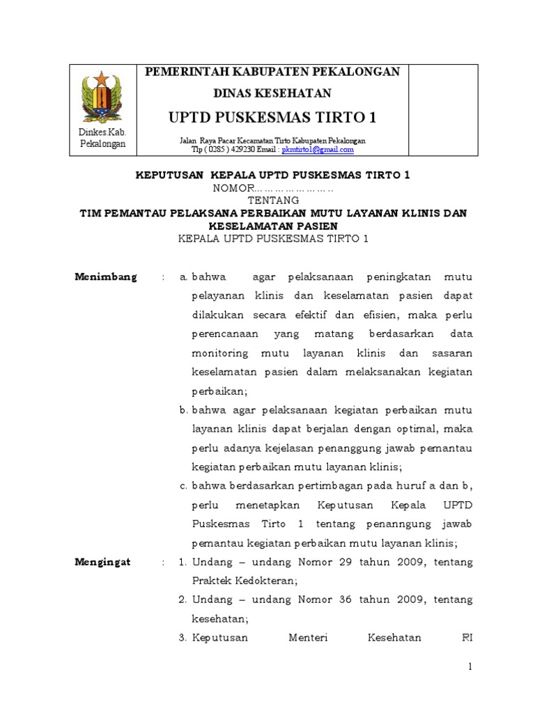 SK Tim Pemantau Pelaksanaan Perbaikan Mutu Layanan Klinis Dan ...