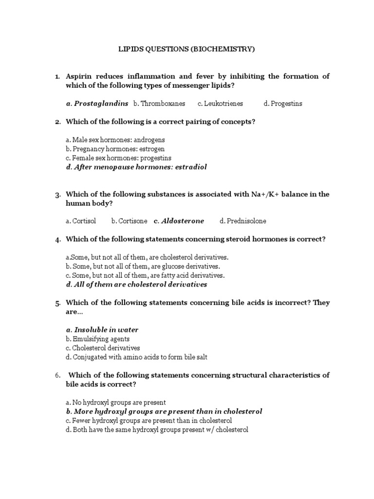 Lipids Questions W - Answers (Biochemistry) (Bio 024) | PDF ...