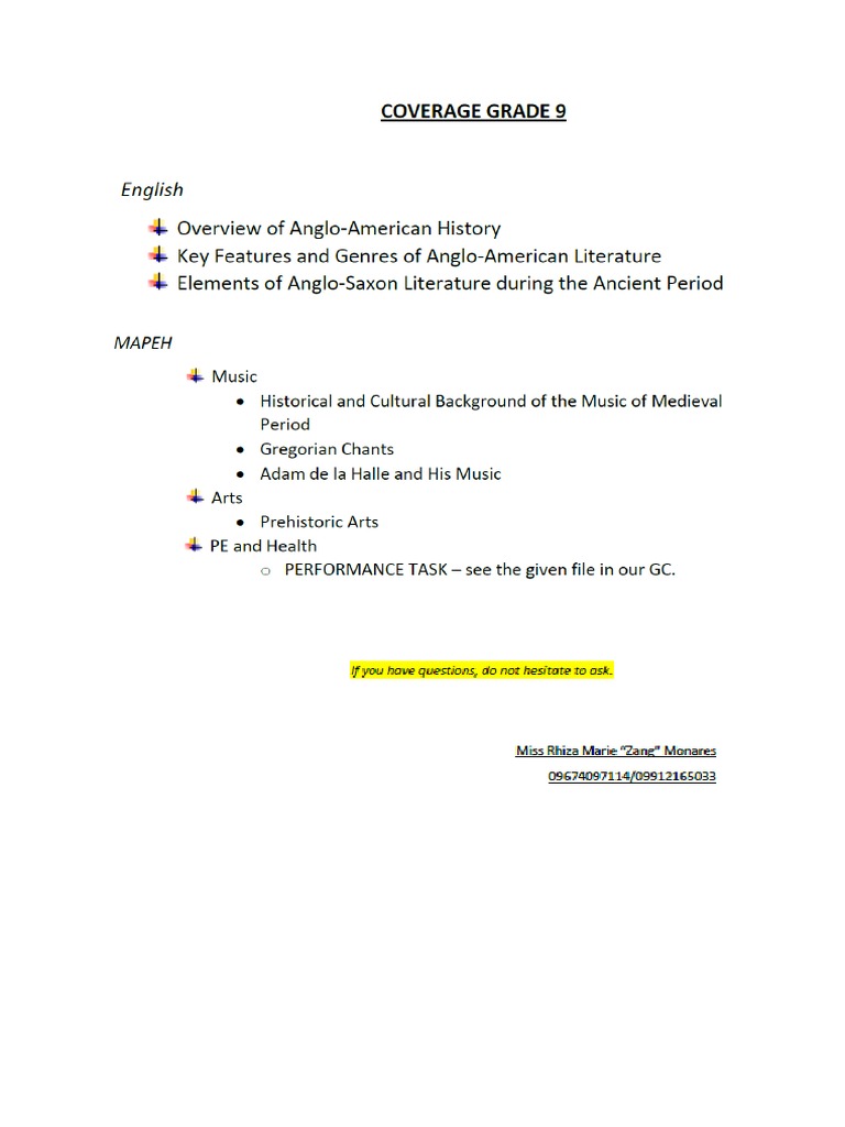 English and MAPEH Coverage 9 | PDF