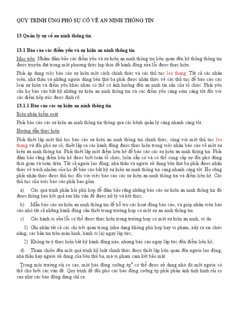 Quy Trinh Ung Pho Su Co An Ninh Thong Tin | PDF