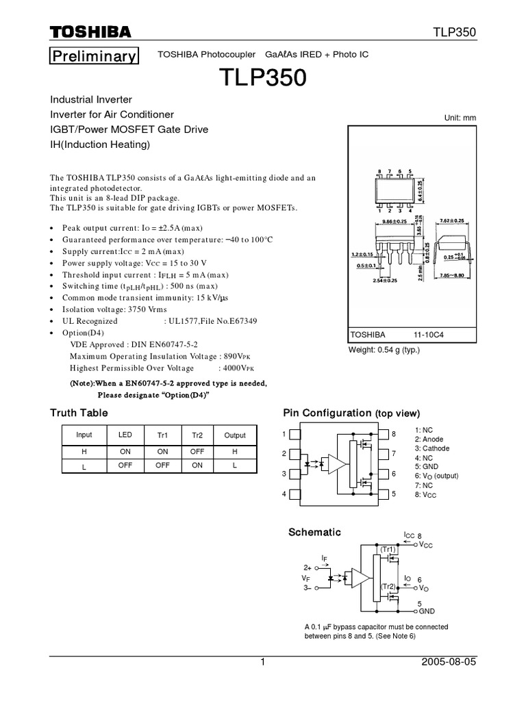Toshiba TLP350 (TP1, F) Datasheet | PDF | Capacitor | Amplifier