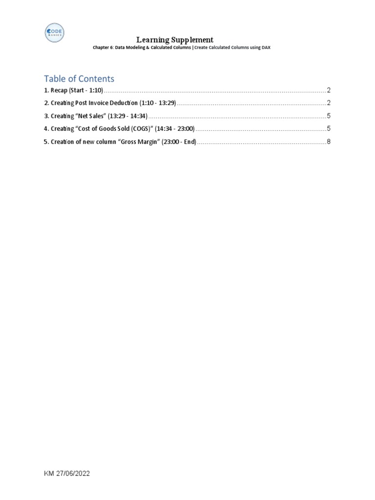 Learning Supplement Data Modelling Calculated Columns L 4 Pdf Gross Margin Cost Of Goods Sold