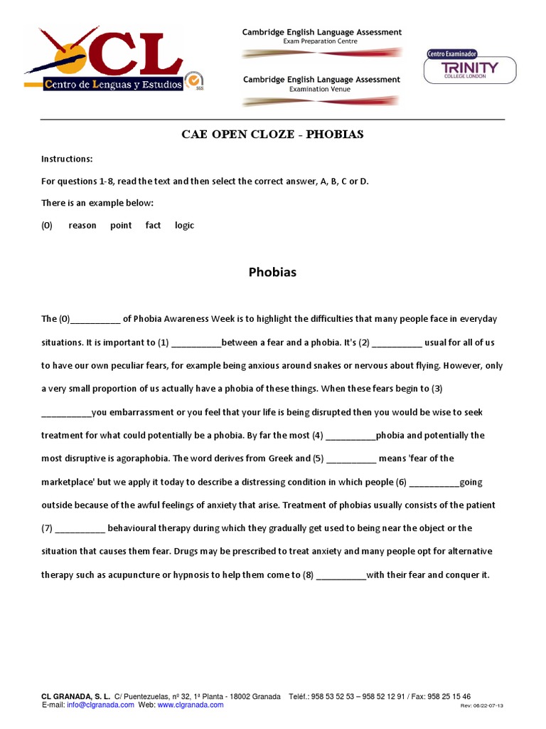 Cae Open Cloze Phobias | PDF | Phobia | Anxiety