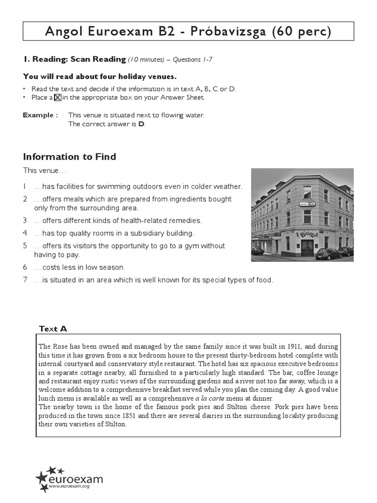 Angol Euroexam B2 - Próbavizsga (60 Perc) | PDF | Menu | Hotel