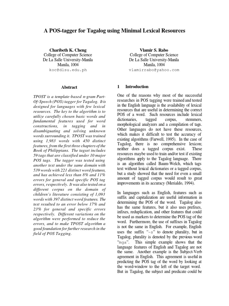 A POS-tagger For Tagalog Using Minimal Lexical Resources | PDF | Part Of Speech | Word