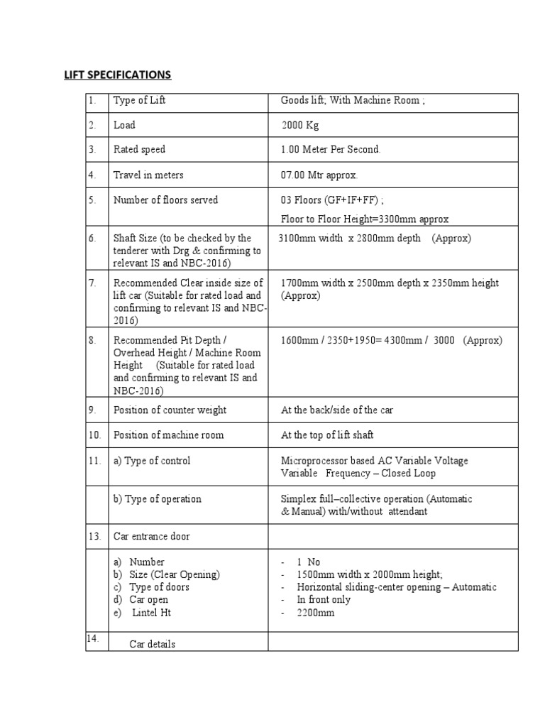 Lift Specs | PDF | Elevator | Door
