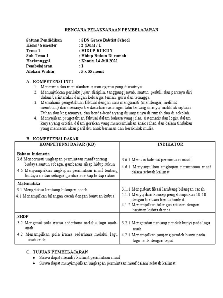 RPP KLS 2 Tema 1 Subtema 1 Pembelajaran 1-6 | PDF | Seni & Disiplin Bahasa