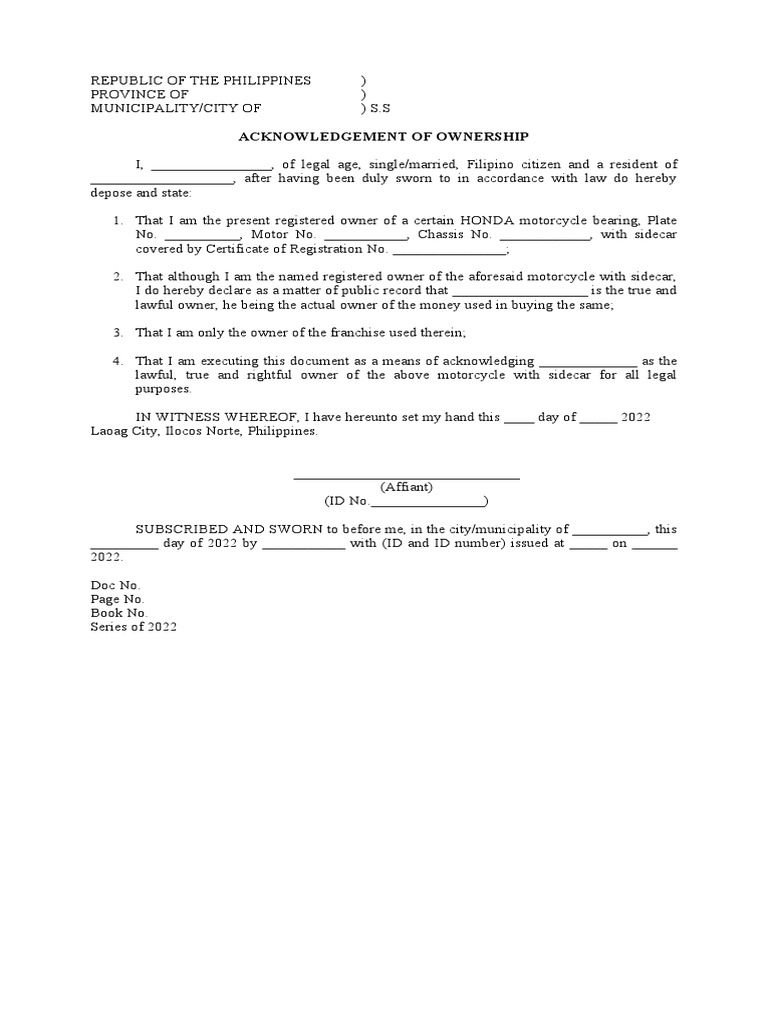 Acknowledgment of Motorcycle Ownership | PDF | Law