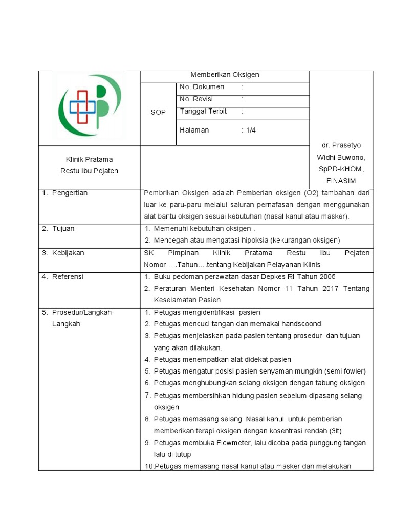 Sop Pemasangan Oksigen | PDF