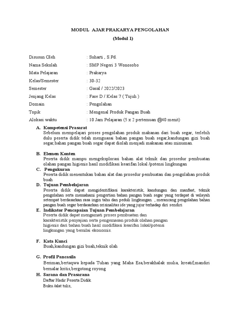 Modul 1 Prakarya Pengolahan SMP3 | PDF | Karier & Perkembangan