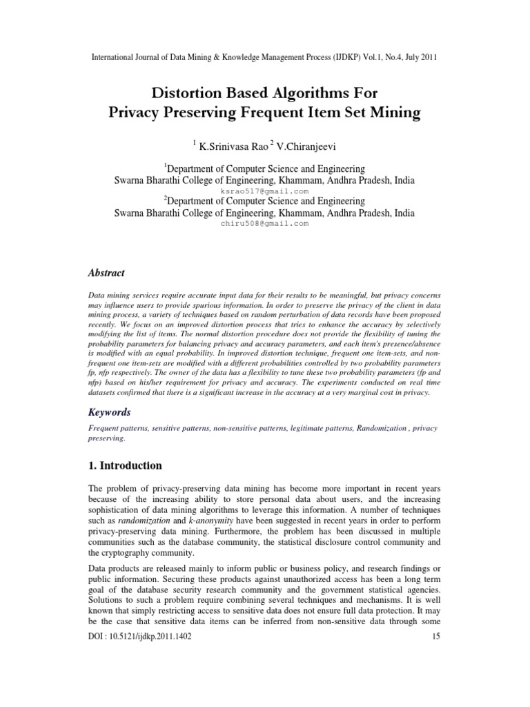 Distortion Based Algorithms For Privacy Preserving Frequent Item Set Mining Pdf Data Mining