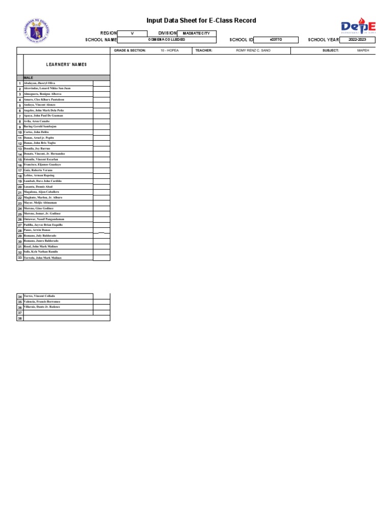 Grade 10 Hopea Mapeh Class Record | PDF