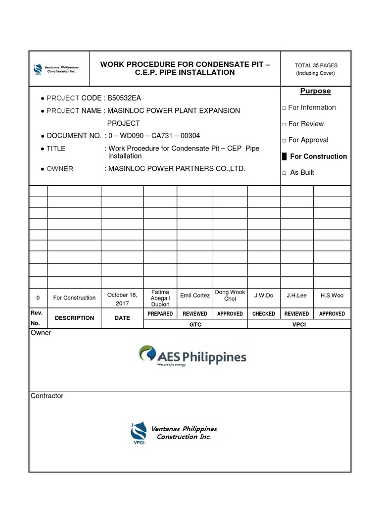 Work Procedure For Condensate Pit - CEP Pipe Installation Rev. 0 | PDF | Concrete | Safety