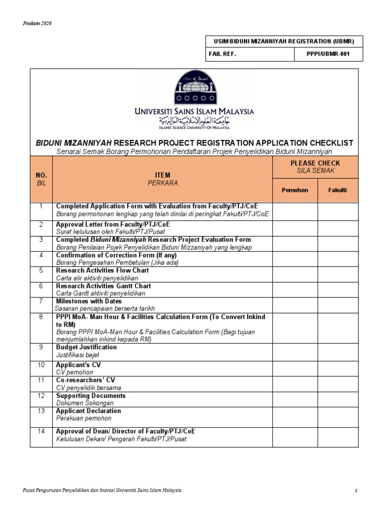 Borang Permohonan Pendaftaran Projek Penyelidikan Biduni Mizanniyah - PINDAAN 2020 | PDF