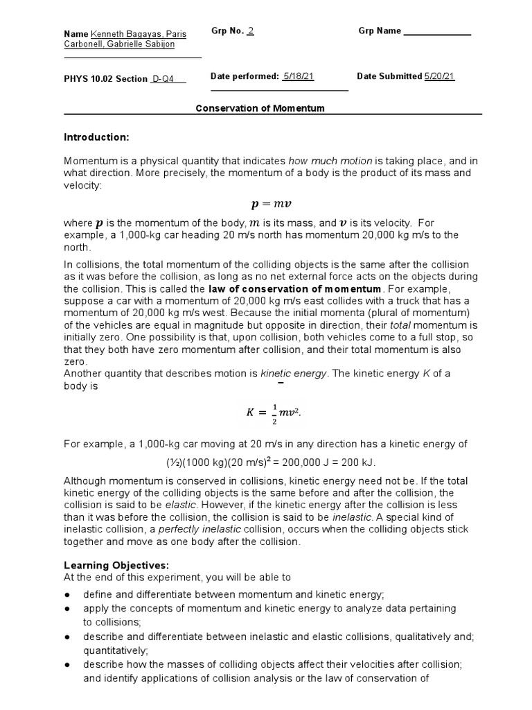 Phys10.02 Expt4 - Conservation of Momentum | PDF | Collision | Momentum