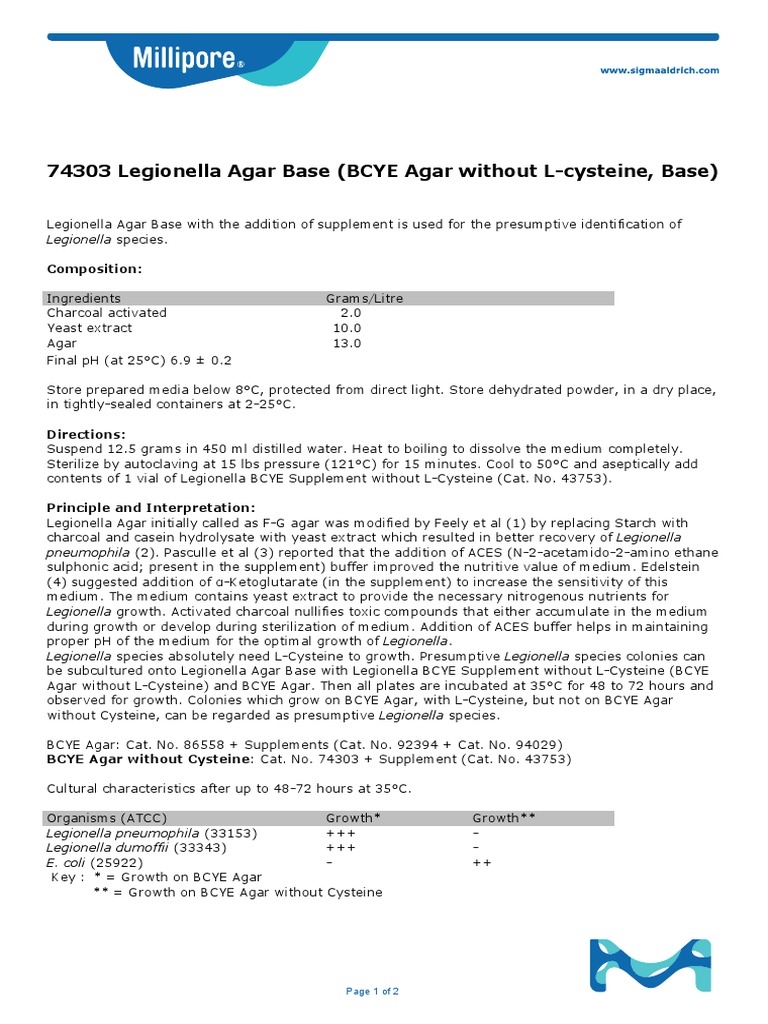 Legionella Agar Base (BCYE Agar Without L-Cysteine, Base) | PDF ...