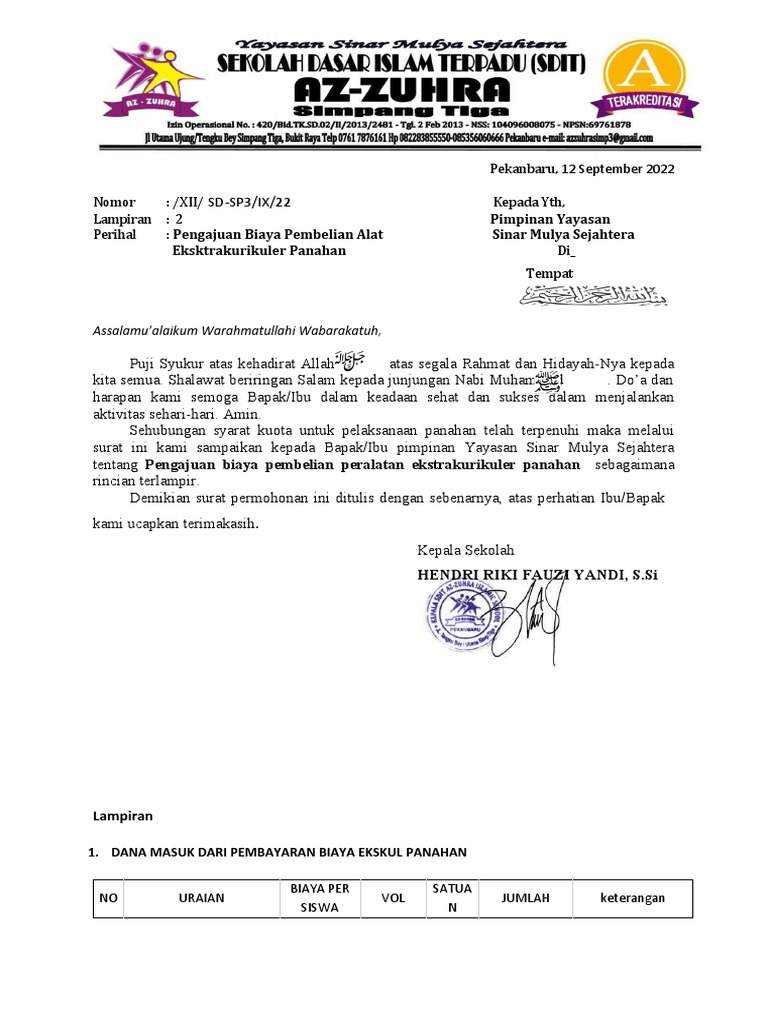 BIS Surat Pengajuan Biaya Pembelian Peralatan Ekskul | PDF